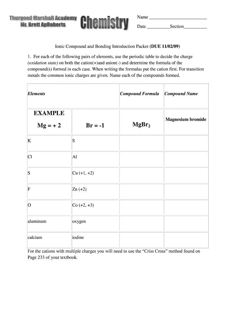 Fillable Online Ionic Compound and Bonding Introduction Packet (DUE 11 ...