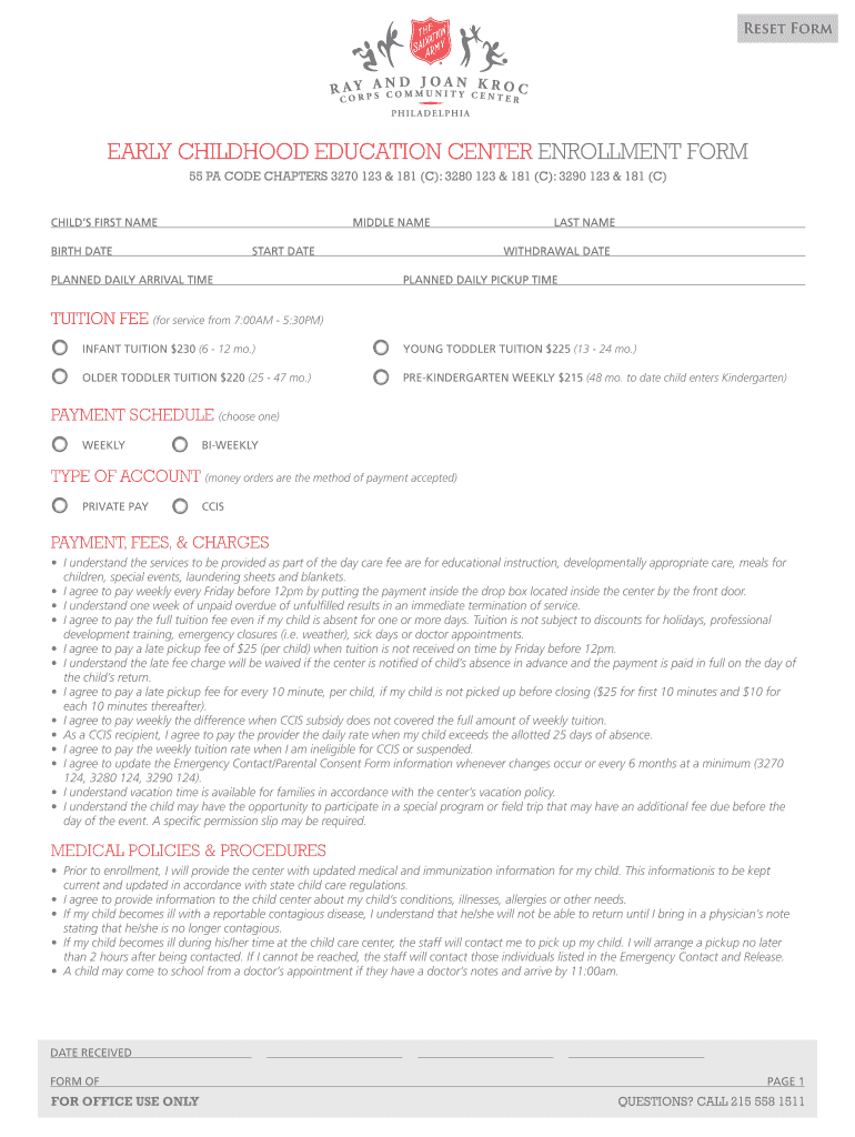 Fillable Online salvationarmykroccenter EARLY CHILDHOOD EDUCATION ...