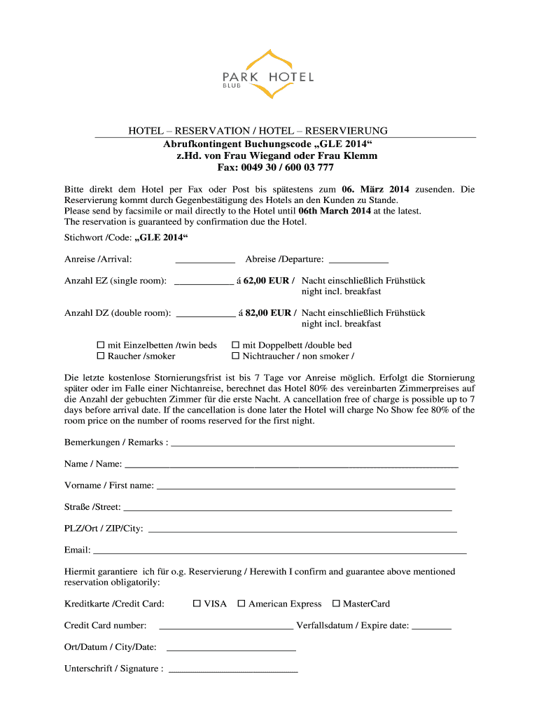Fillable Online existenzanalyse HOTEL RESERVATION / HOTEL RESERVIERUNG ...