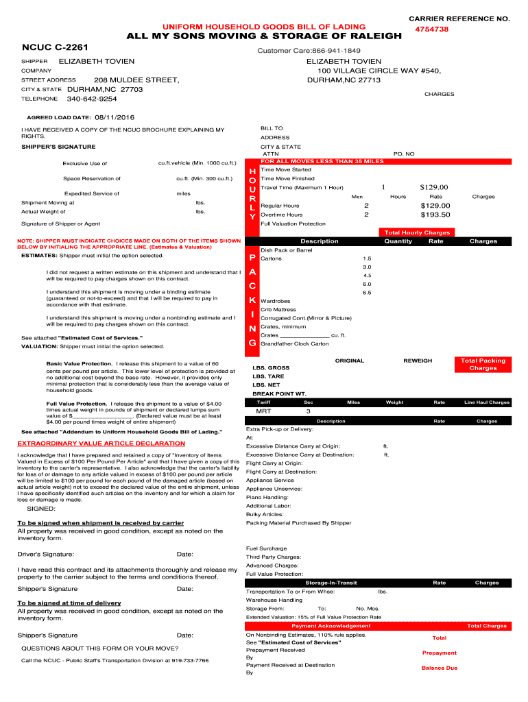 Fillable Online CARRIER REFERENCE NO. UNIFORM HOUSEHOLD GOODS BILL OF ... Fax Email Print ...