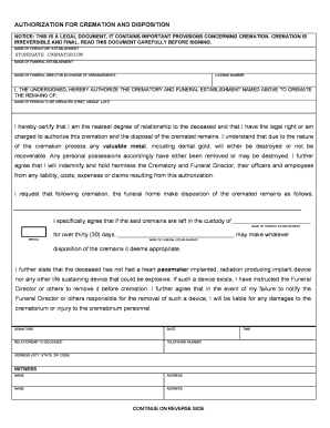 Fillable Online I request that following cremation, the funeral home ...