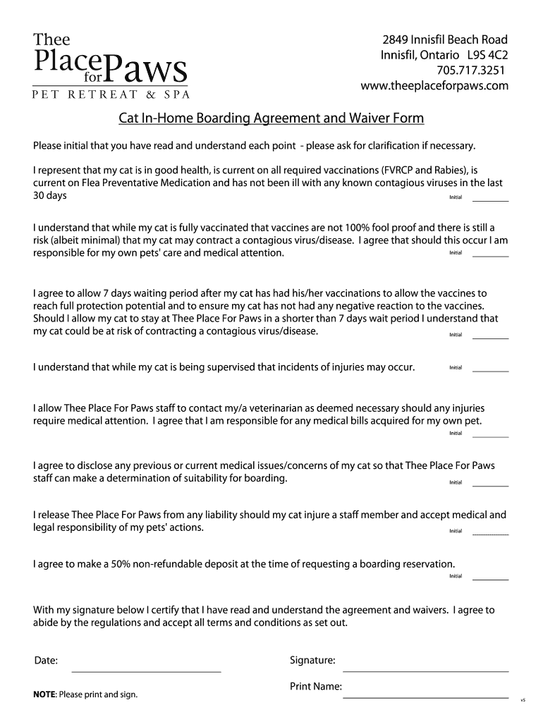 Fillable Online Waiver Form. Thee Place For Paws - Cat In-Home Boarding ...