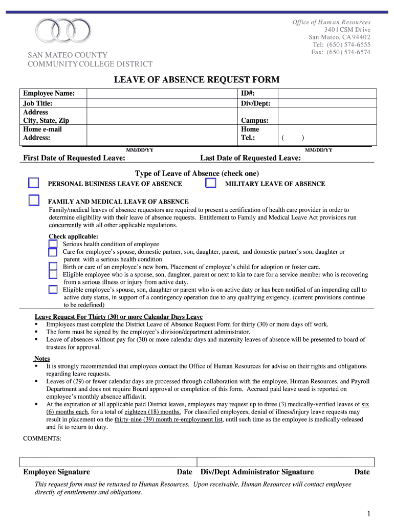 Fillable Online Leave of Absence Policy and Request Form 408.doc Fax ...