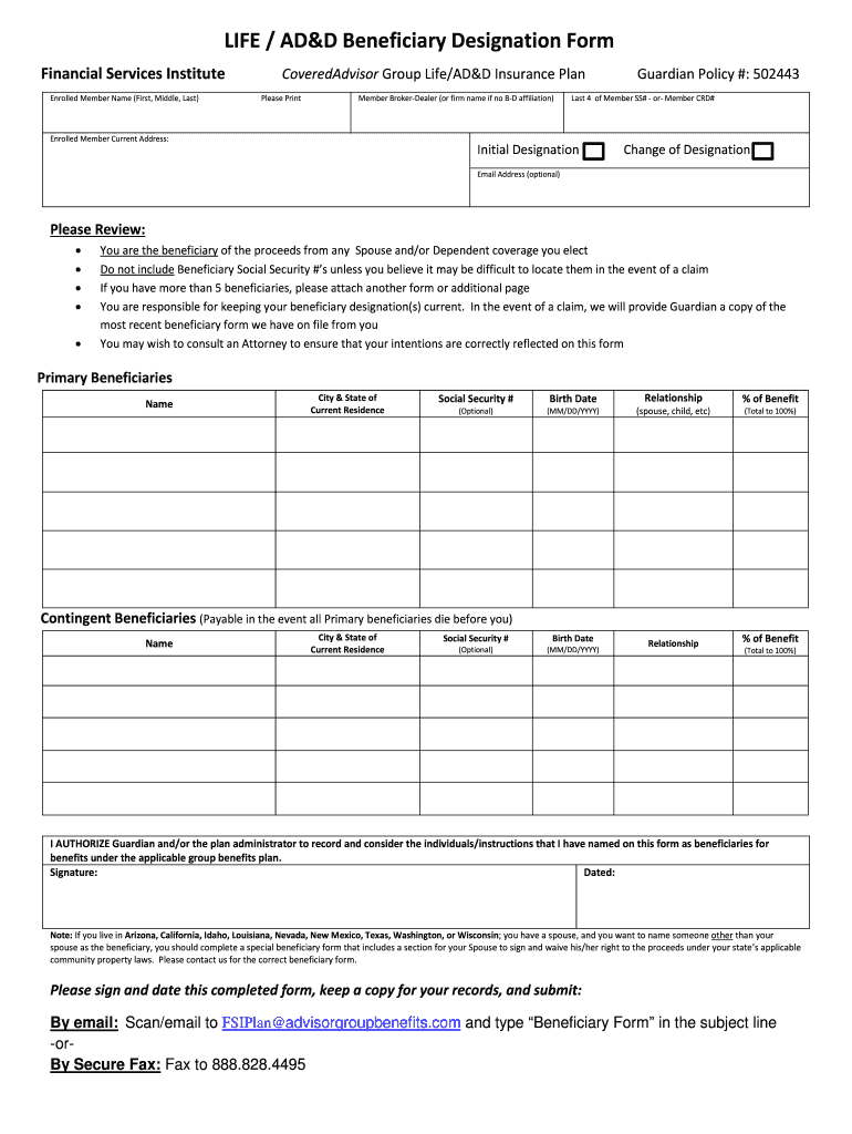 Fillable Online advisorgroupbenefits LIFE / AD&D Beneficiary ...