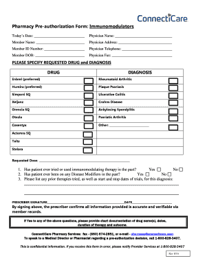 Fillable Online Pharmacy Pre-authorization Form: Immunomodulators Fax ...