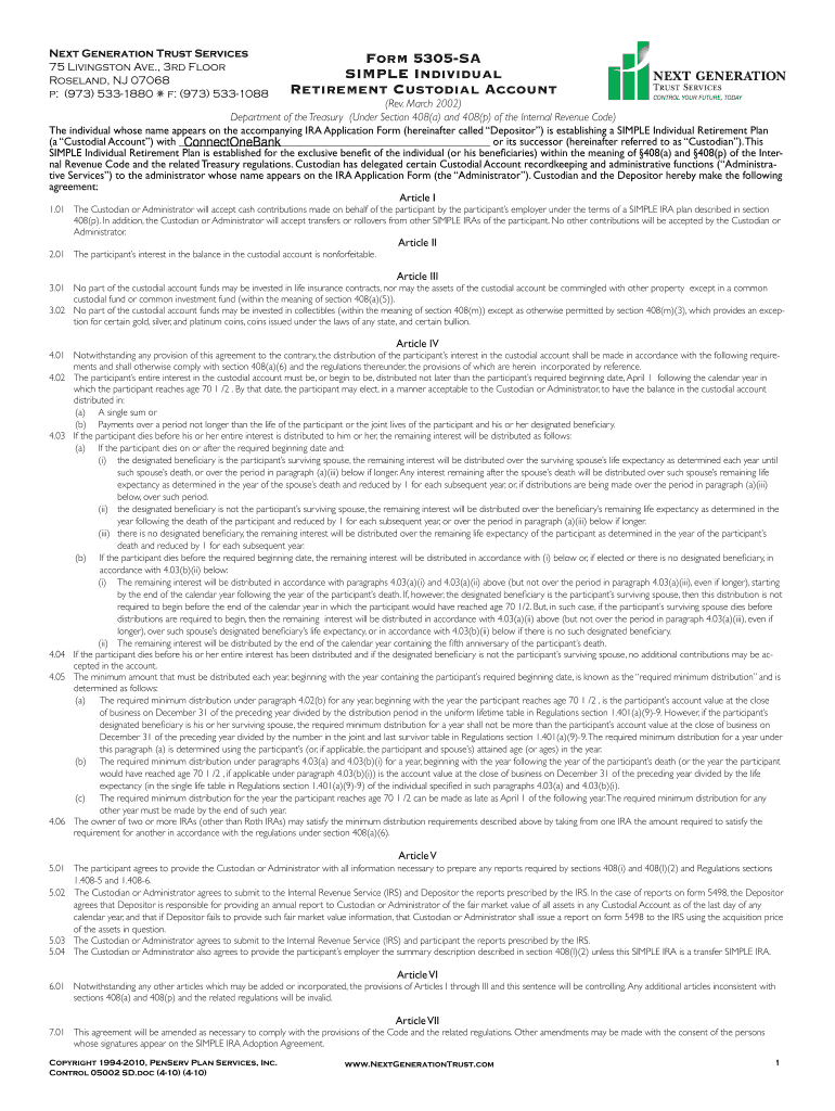 Fillable Online Form 5305-SA SIMPLE Individual Retirement Custodial ...