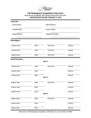 Fillable Online pashakespeare Return form to PSF Shakespeare ...