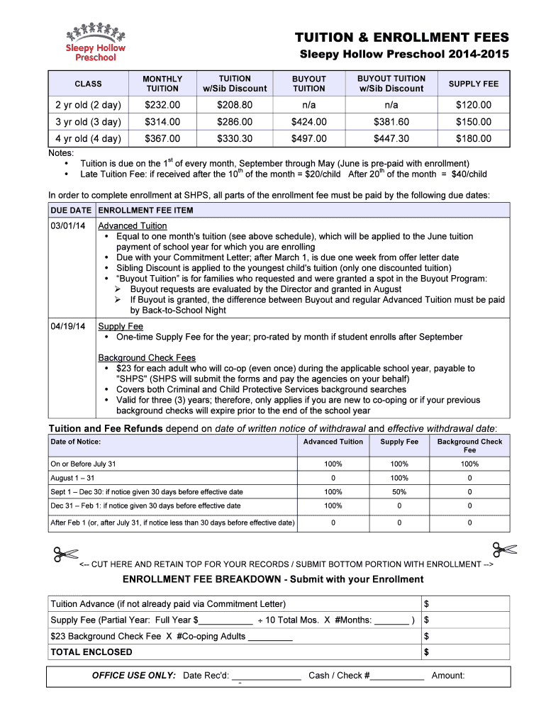 Fillable Online tuition & enrollment fees - Sleepy Hollow Preschool Fax ...