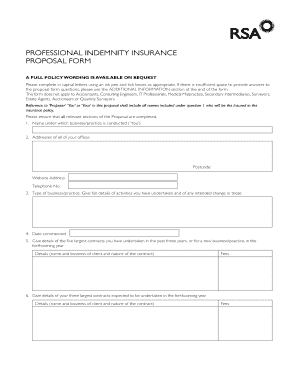 Fillable Online PROFESSIONAL INDEMNITY INSURANCE PROPOSAL FORM - RSA ...