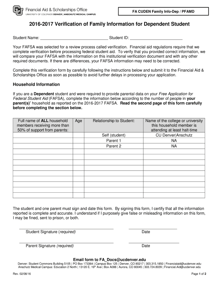 Fillable Online ucdenver 2016-2017 Verification of Family Information for Dependent ... Fax ...