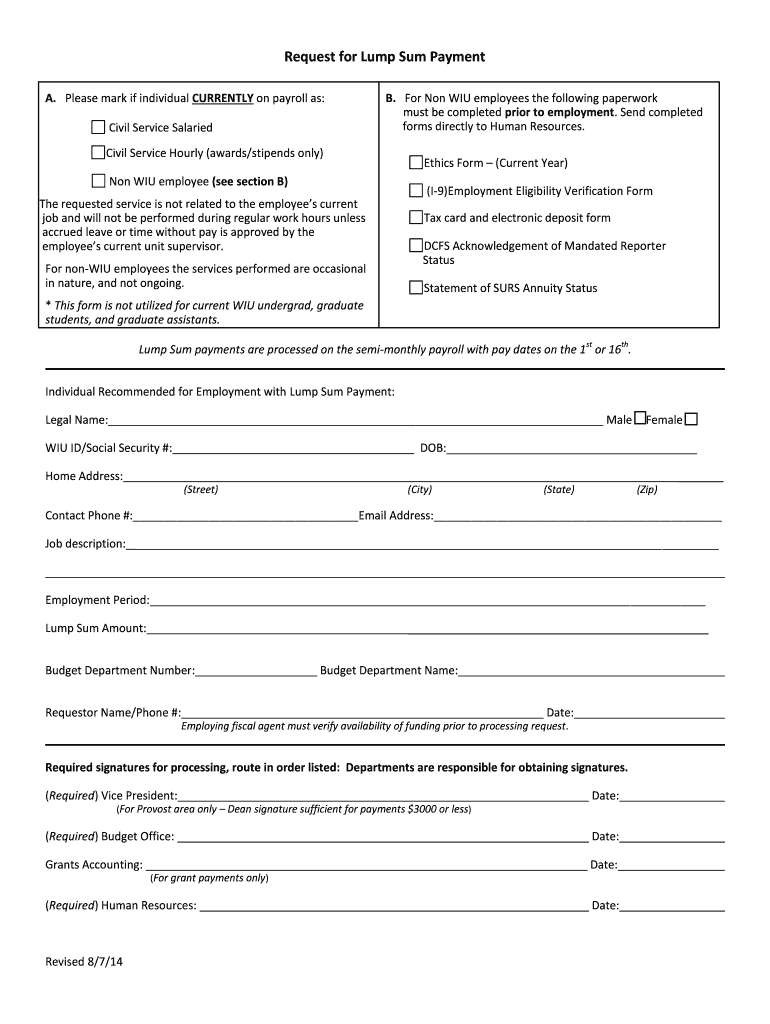 Fillable Online wiu Request for Lump Sum Payment - Western Illinois University Fax Email Print ...
