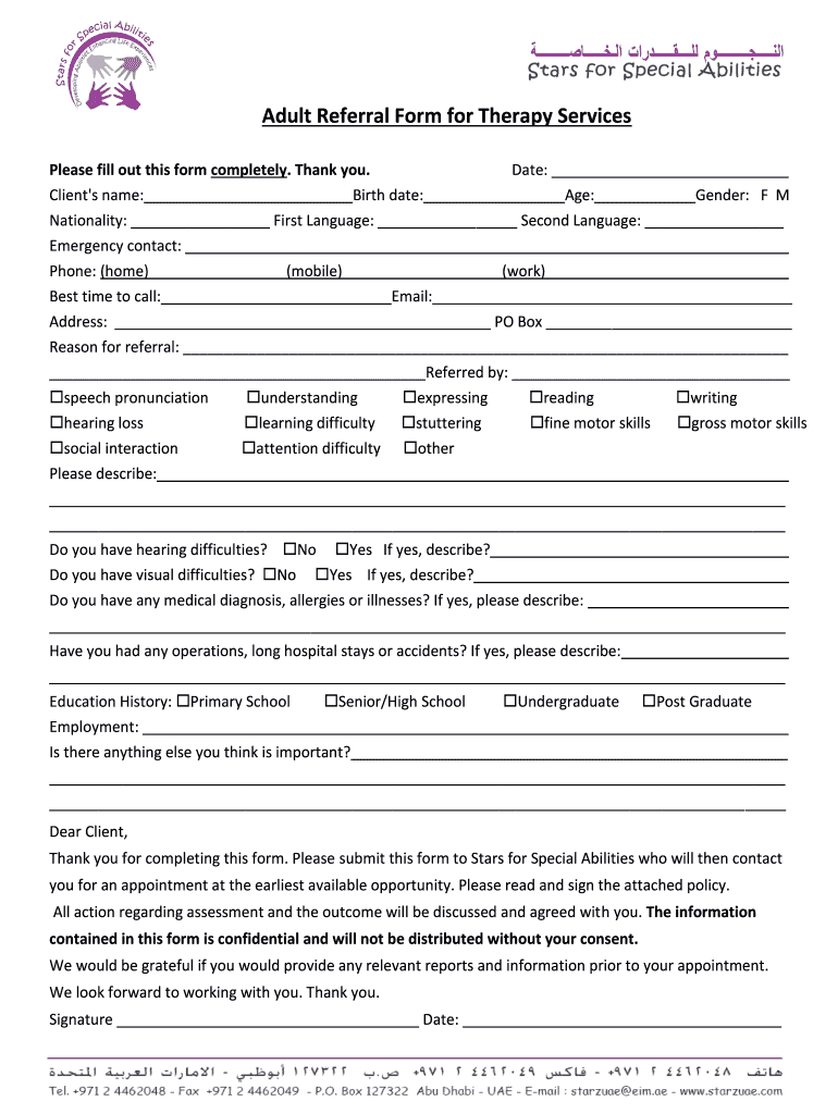 Fillable Online Adult Referral Form for Therapy Services - starzuae.com ...