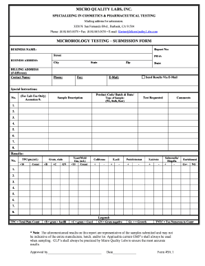 Fillable Online MICROBIOLOGY TESTING SUBMISSION FORM Fax Email Print ...