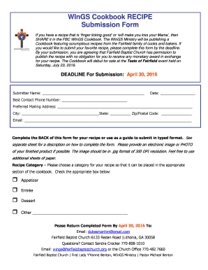Fillable Online fairfieldbaptistchurch WInGS Cookbook RECIPE Submission ...