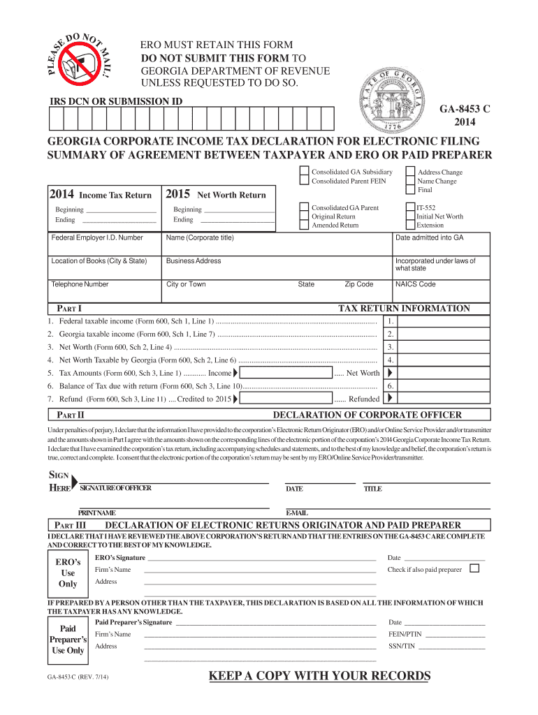 Fillable Online GEORGIACORPORATE INCOME TAX DECLARATION FOR ELECTRONIC ...