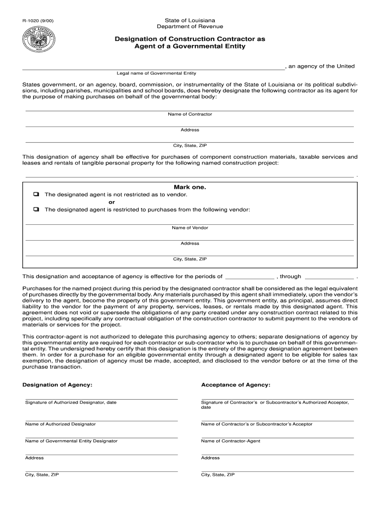 Fillable Online rev state la Designation of Construction Contractor as ...