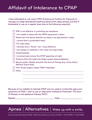 Fillable Online Affidavit of Intolerance to CPAP - Apnea Alternatives ...