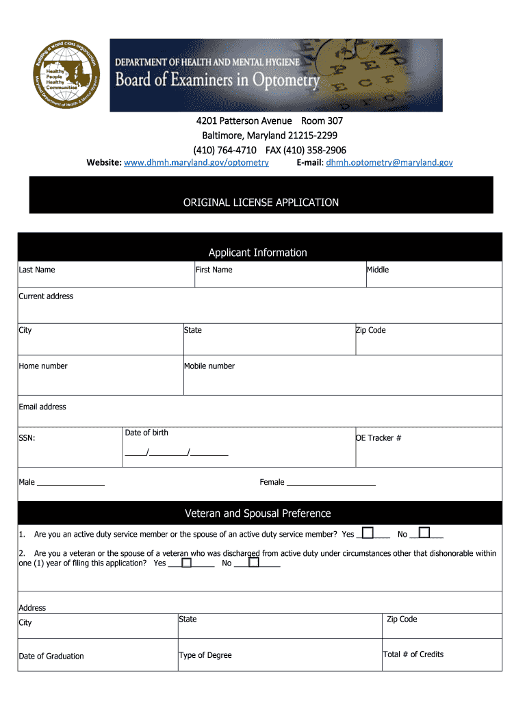 Fillable Online dhmh maryland REQUIREMENTS FOR ORIGINAL OPTOMETRY ...