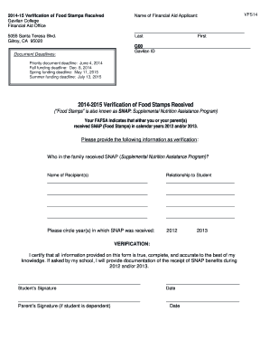 Fillable Online gavilan 2014-2015 Verification of Food Stamps Received ...