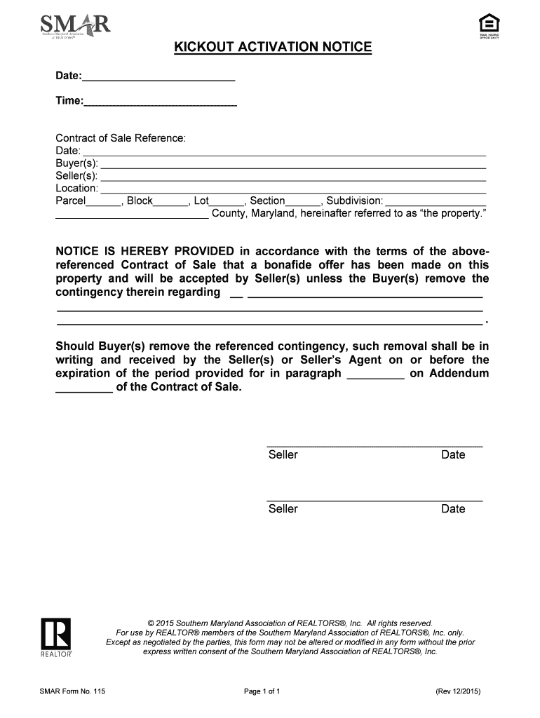 Fillable Online southernmarylandrealtors KICKOUT ACTIVATION NOTICE ...