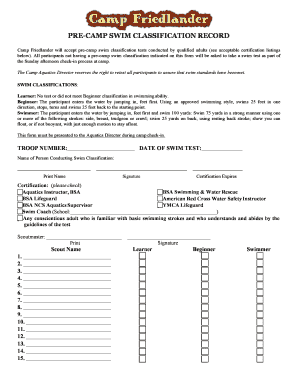 Fillable Online danbeard CF Pre-Camp Swim Classification Record-2 Fax ...