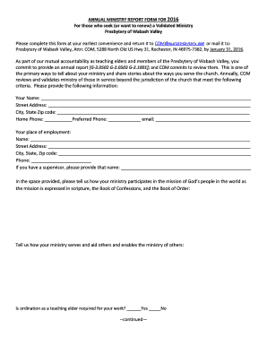 Fillable Online ourpresbytery ANNUAL MINISTRY REPORT FORM FOR 2016 For ...