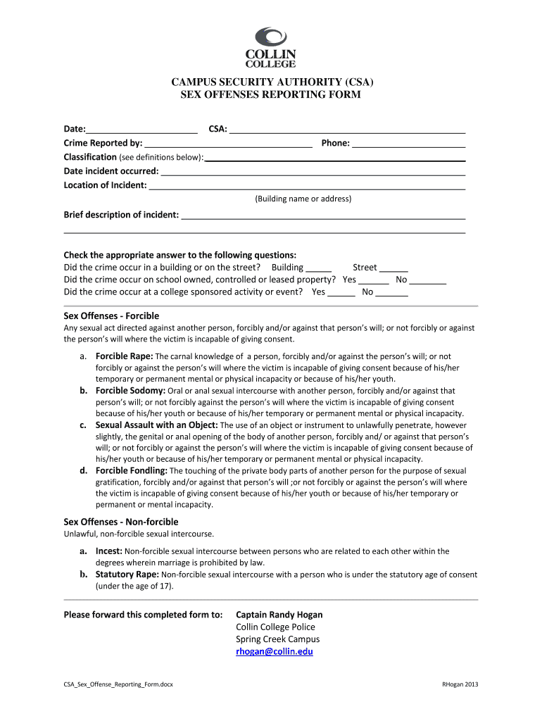 Fillable Online collin CAMPUS SECURITY AUTHORITY (CSA) SEX OFFENSES REPORTING FORM Fax Email ...