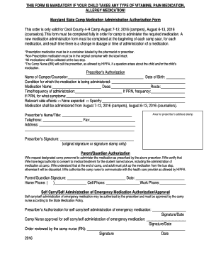 Fillable Online extension umd Maryland State Camp Medication ...