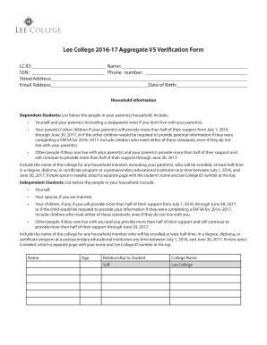 Fillable Online lee Lee College 2016-17 Aggregate V5 Verification Form ...