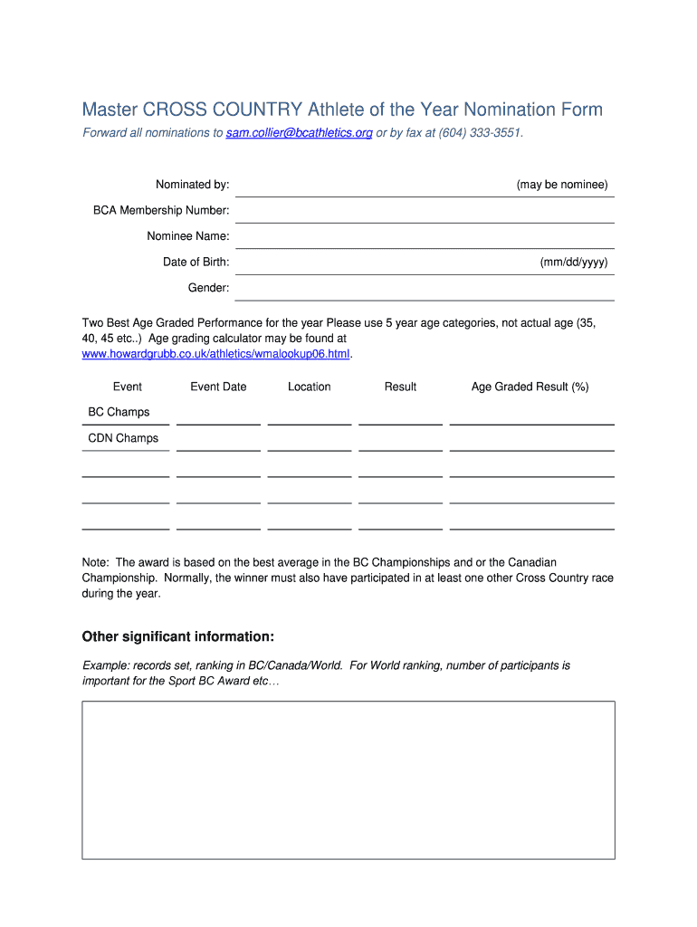 Fillable Online bcathletics Master CROSS COUNTRY Athlete of the Year ...