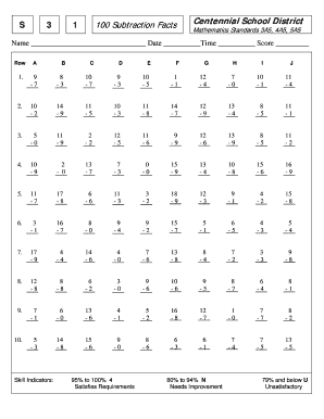 Fillable Online S 3 1 100 Subtraction Facts Centennial School District ...