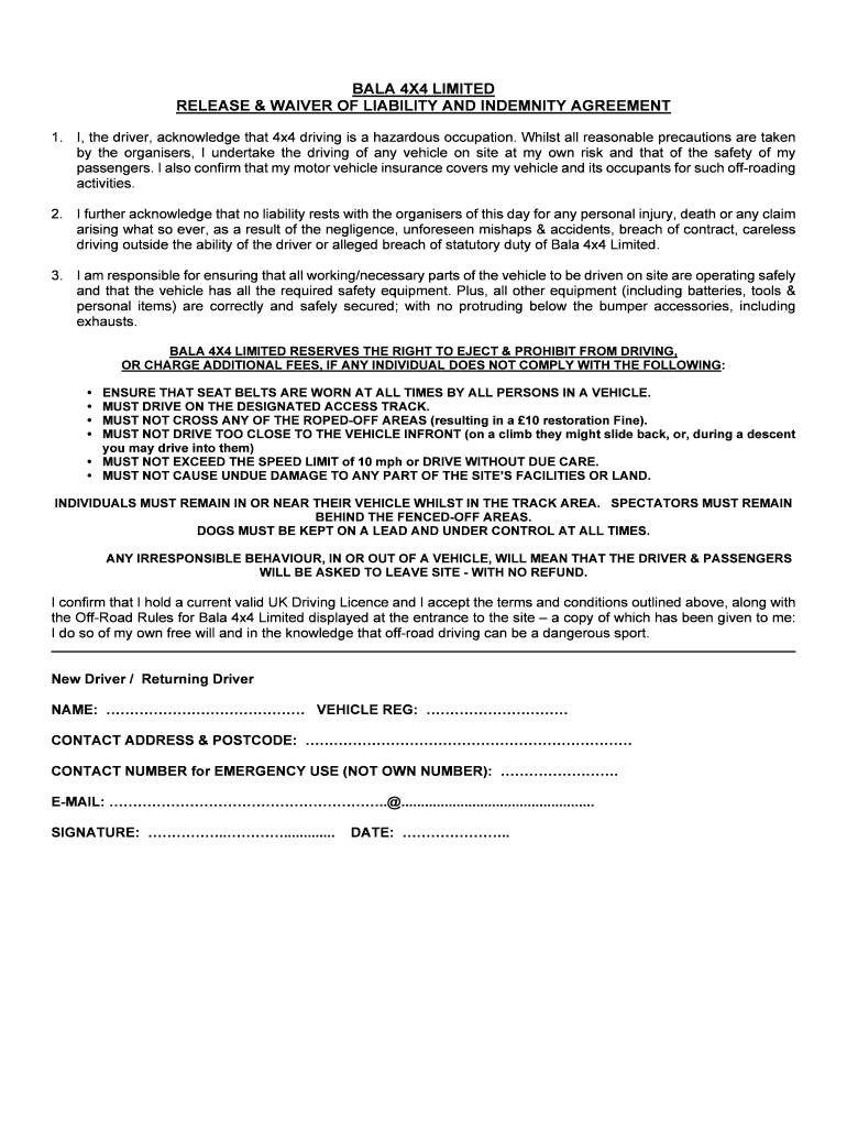 Fillable Online bala4x4 co Agreement Form - Bala 4x4 off-road - bala4x4 ...