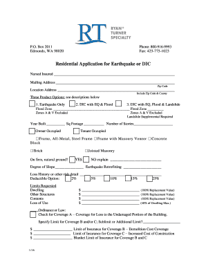 Fillable Online Residential Application for Earthquake or DIC Fax Email ...