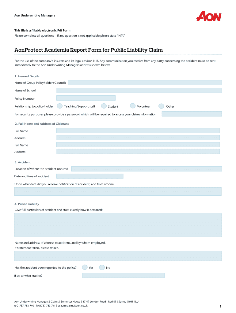 Fillable Online AonProtect Academia Report Form for Public Liability ...