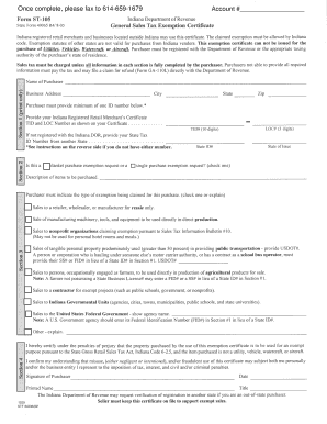 Fillable Online ST-105 - Indiana General Sales Tax Exemption ...