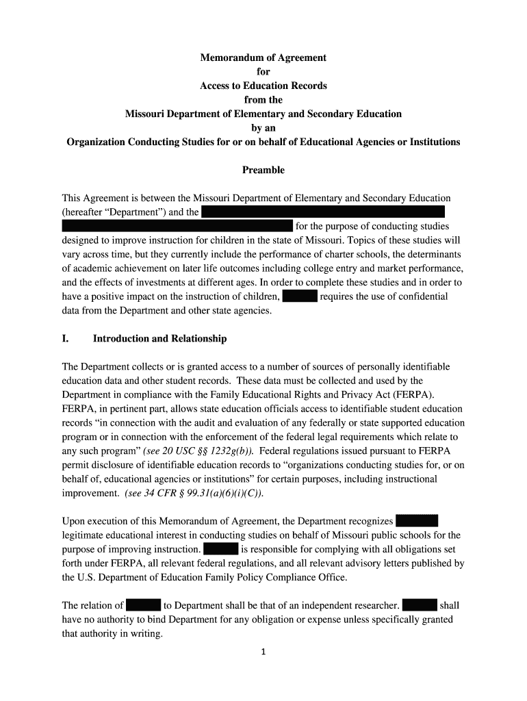 Fillable Online dese mo Memorandum of Agreement for Access to Education ...