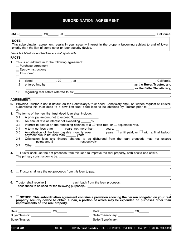 Fillable Online SUBORDINATION AGREEMENT - thebankerscode.com Fax Email Print - pdfFiller