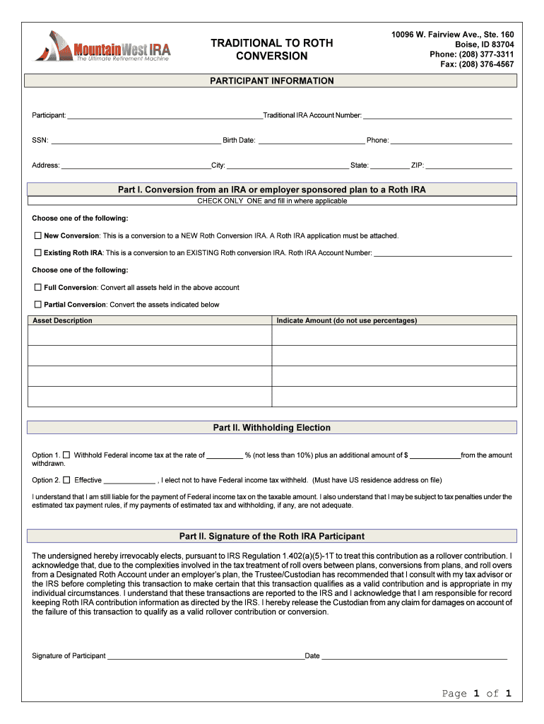 Fillable Online Roth Conversion Form - mountainwestira.com Fax Email ...