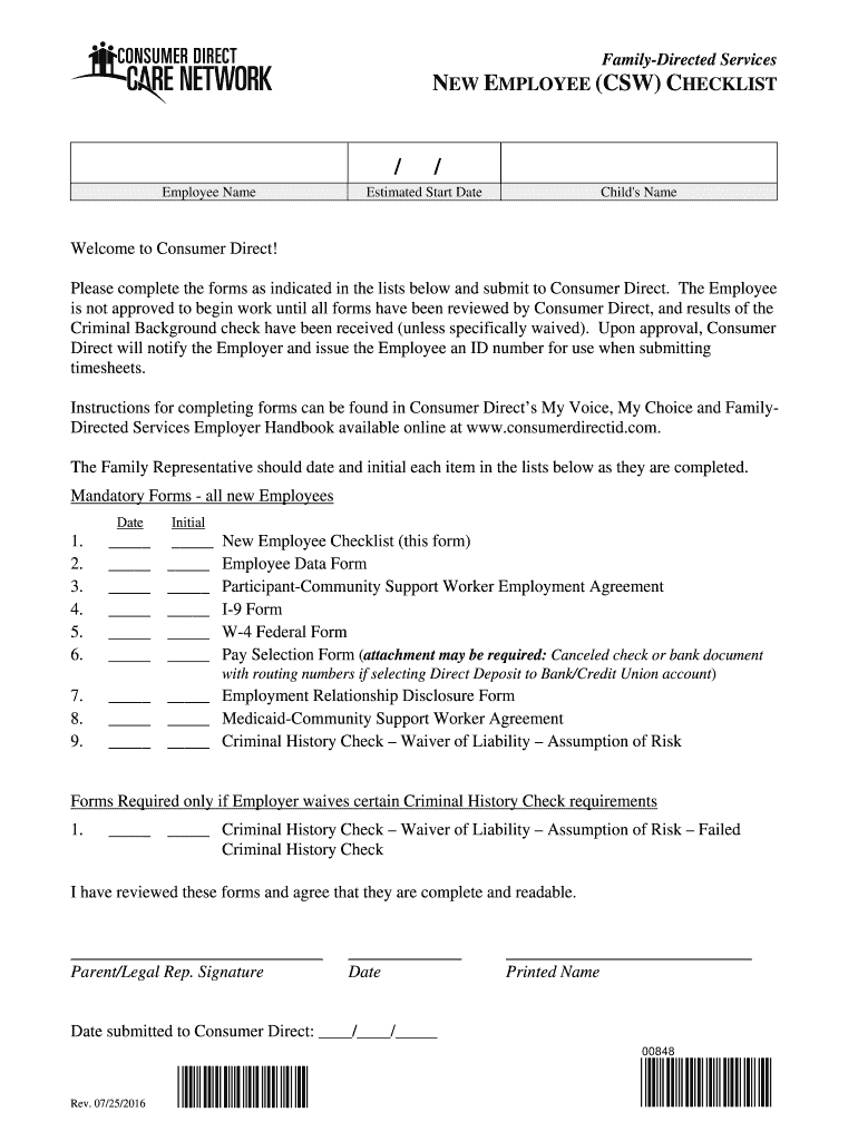 Fillable Online Family-Directed Services NEW EMPLOYEE CHECKLIST Fax ...