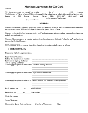 Fillable Online uakron Merchant Agreement for Zip Card - uakron.edu Fax ...
