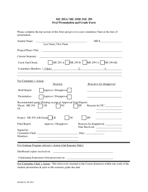 Fillable Online sjsu ME 295A/ ME 295B /ME 299 Oral Presentation and ...