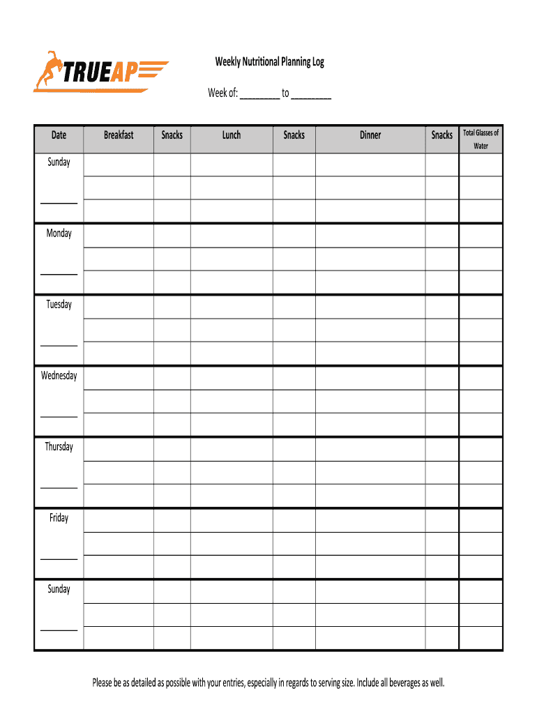 Fillable Online Weekly Nutritional Planning Log - TrueAP Fax Email ...