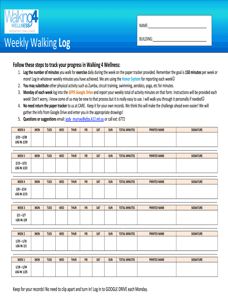 Fillable Online Weekly Walking Log BUILDING: Fax Email Print - pdfFiller