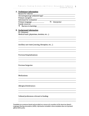 Fillable Online asha Pediatric Feeding History and Clinical Assessment ...