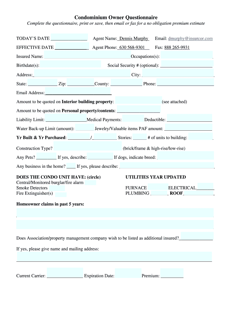 Fillable Online Automobile Questionnaire - insurcor.com Fax Email Print ...