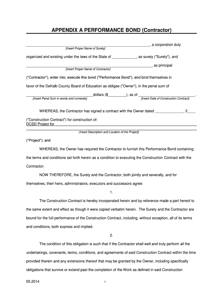 Fillable Online dekalb k12 ga APPENDIX A PERFORMANCE BOND (Contractor) Fax Email Print - pdfFiller