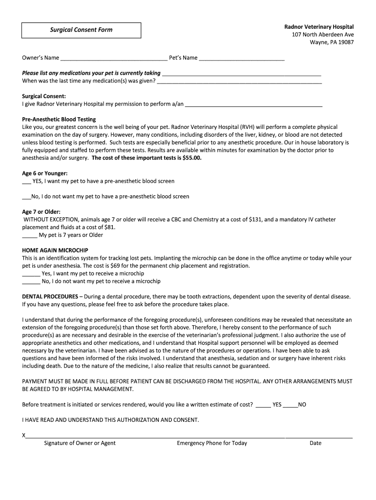 Fillable Online Surgical Consent Form Radnor Veterinary Hospital Fax ...
