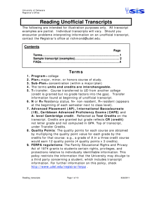 Fillable Online Reading Unofficial Transcripts Fax Email Print - pdfFiller