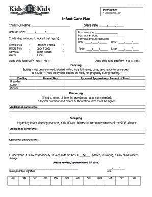 Fillable Online Infant Care Plan - Kids R Kids of Castle Hills Fax ...