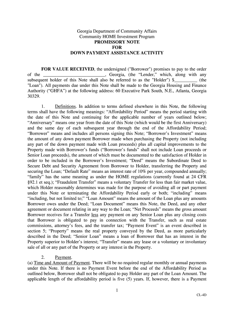 Fillable Online dca ga CL-4D Promissory Note for Down Payment ...